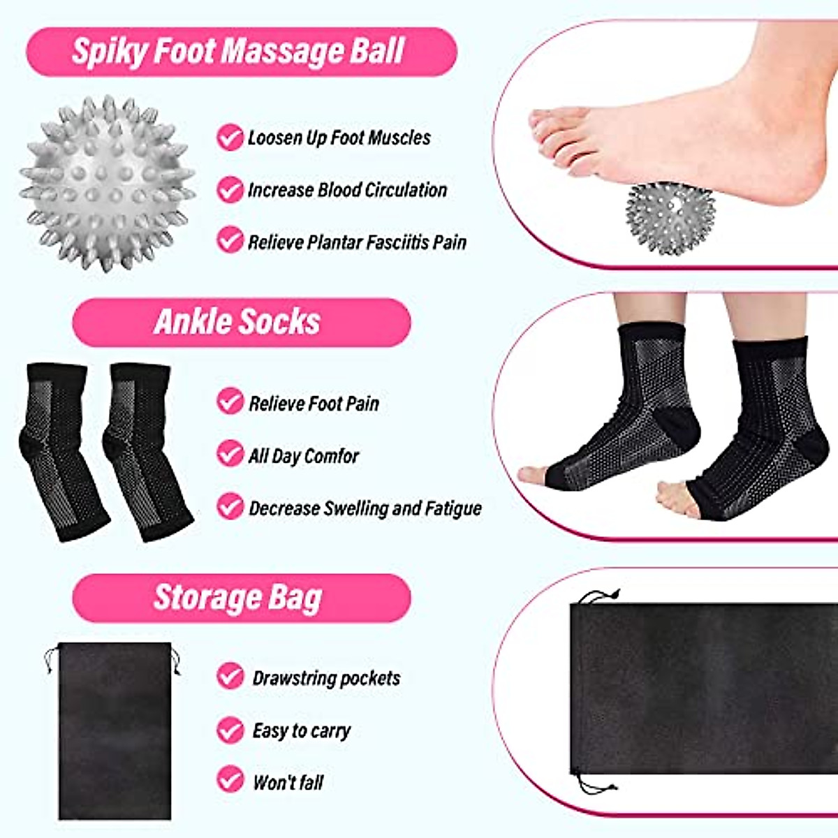 Longzhuo Plantar Fasciitis Night Splint, Plantar Fasciitis Relief, Adjustable Straps Foot Drop Brace Achilles Tendonitis Relief with Massage Ball+Plantar Fasciitis Socks for Women & Men (Black)