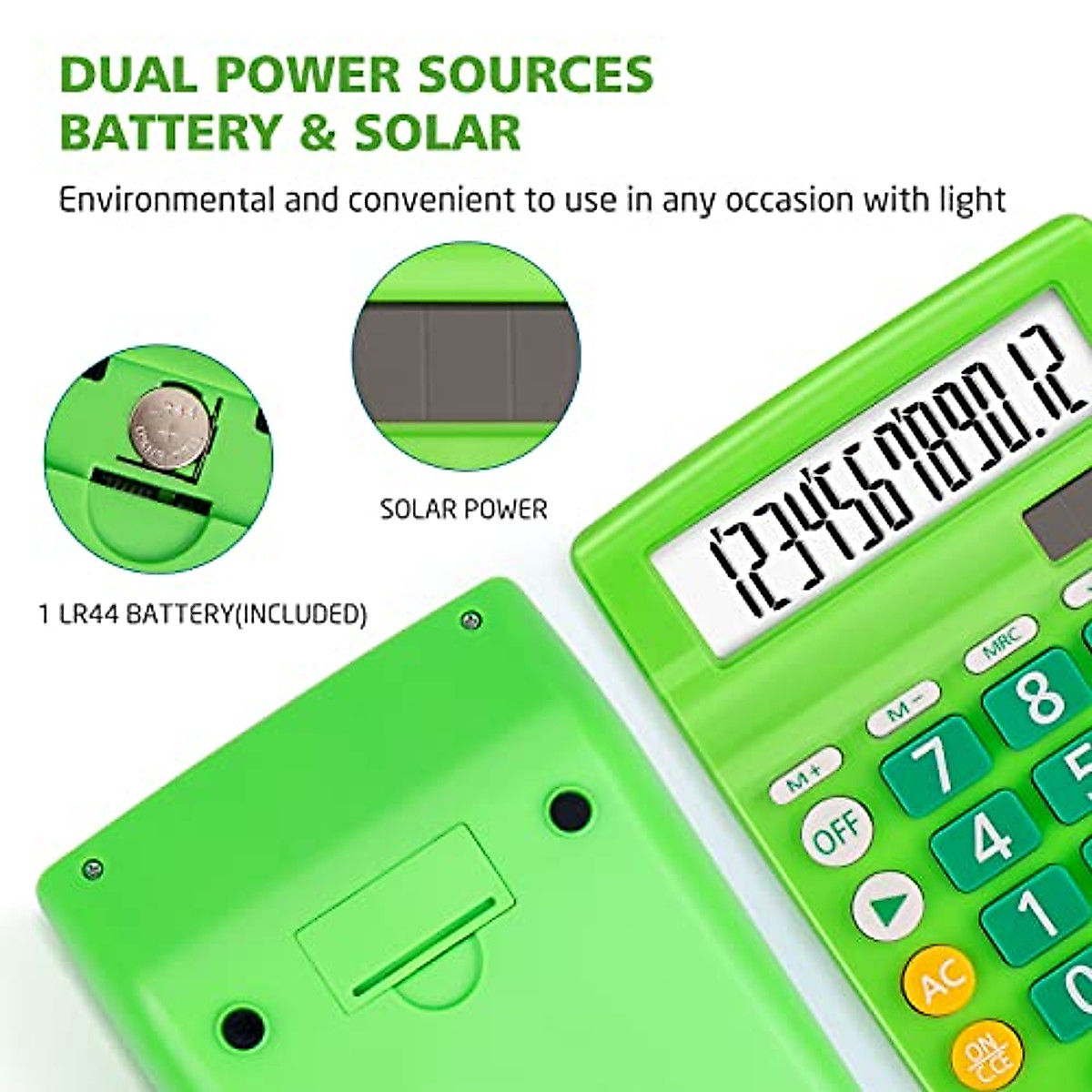 Calculators Desktop, Large Display Big Button, Solar and Battery Dual Power, 12 Digit Small Basic Standard Functional Calculator Cute for Office, Home, School (Green)