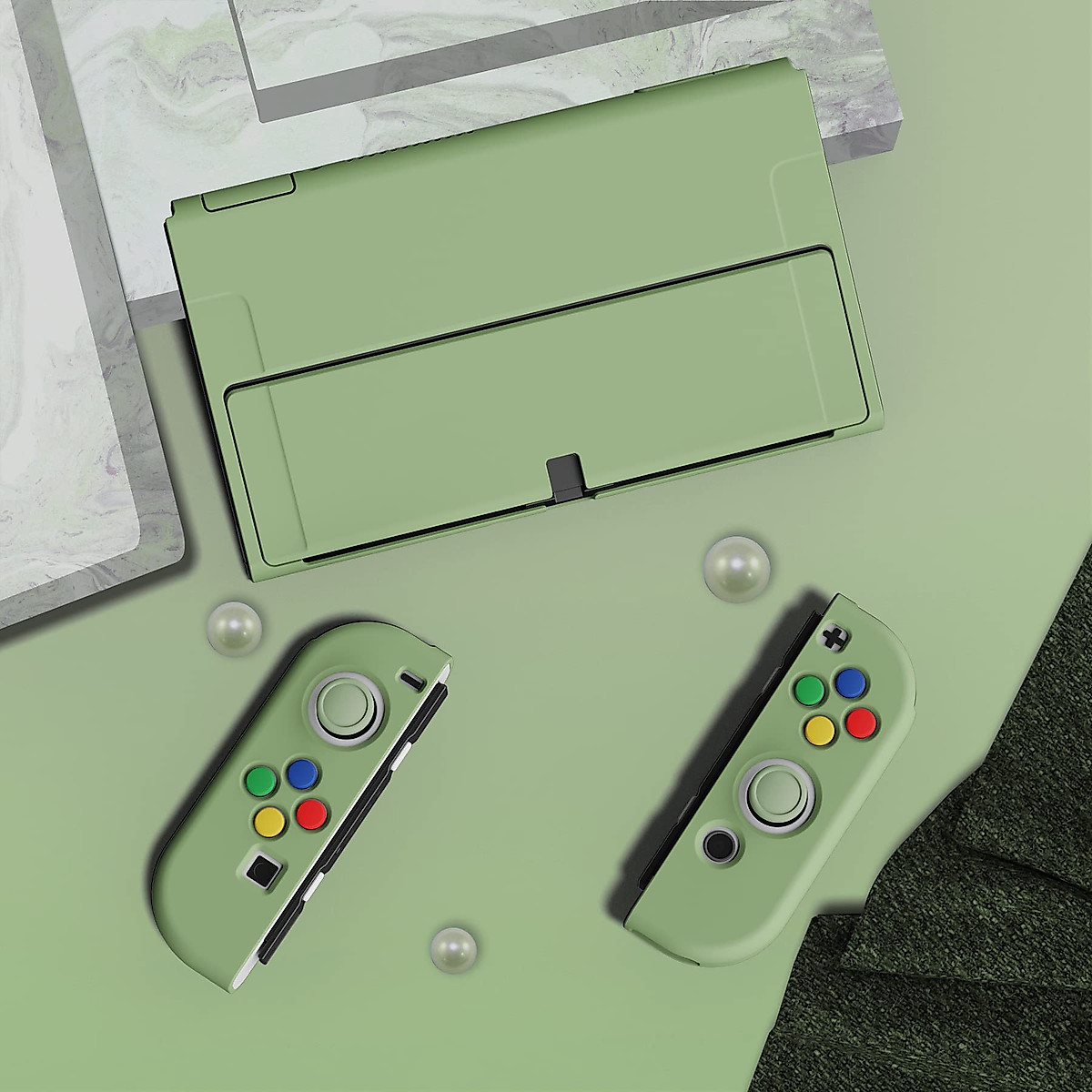 PlayVital ZealProtect Soft Protective Case for Nintendo Switch OLED, Flexible Protector Joycon Grip Cover for Nintendo Switch OLED with Thumb Grip Caps & ABXY Direction Button Caps - Matcha Green