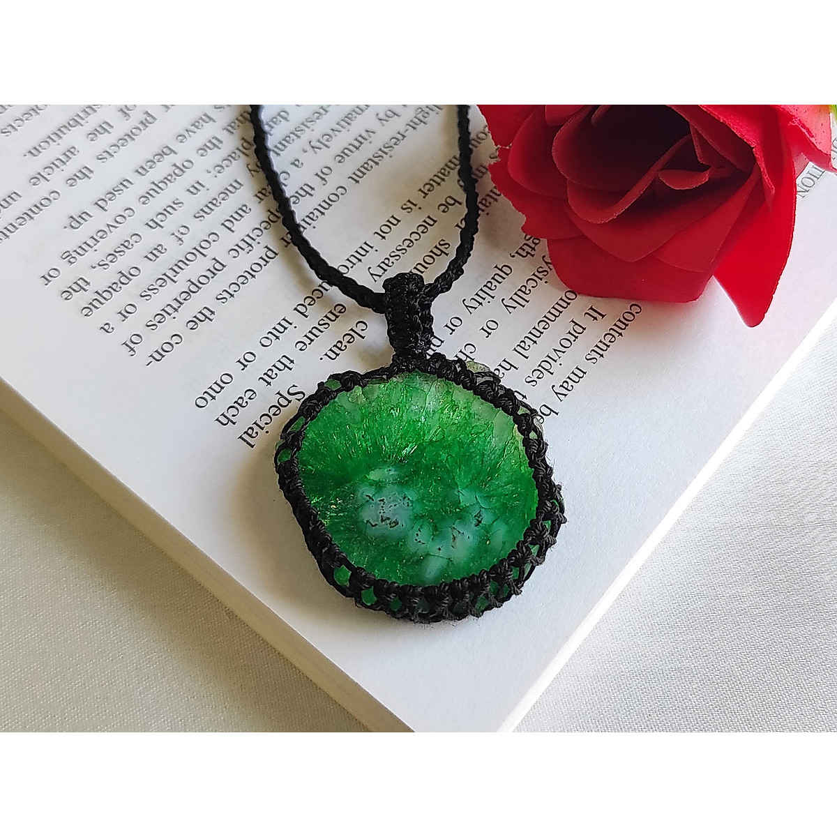 Green Solar Agate Macrame Pendant, Cord Wrapped Macrame Pendant, Gemstone Macrame Jewelry