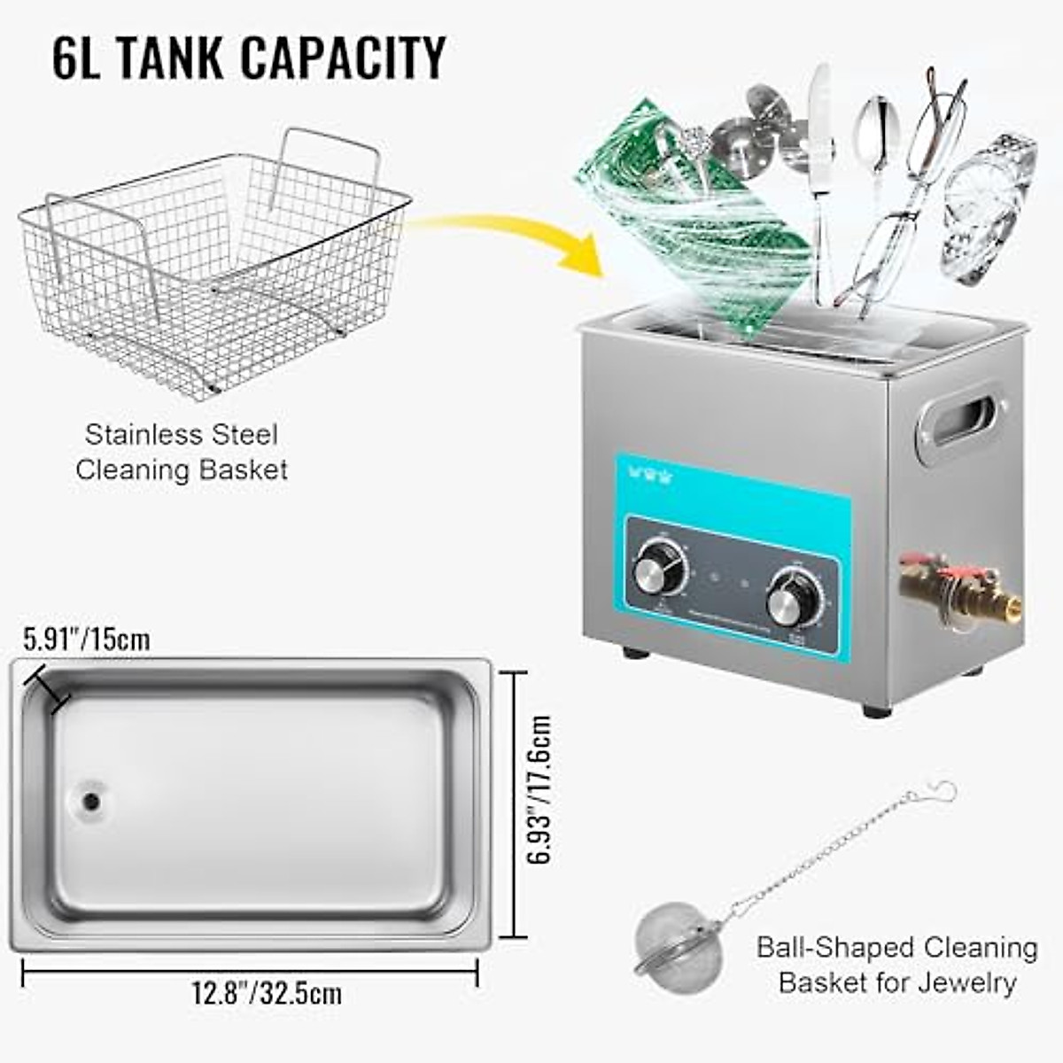 Mophorn 6L Ultrasonic Cleaner 304 Stainless Steel Professional Knob Control Ultrasonic Cleaners with HeaterTimer for Jewelry Watch Glasses Circuit Board Dentures Small Parts Dental Instrument