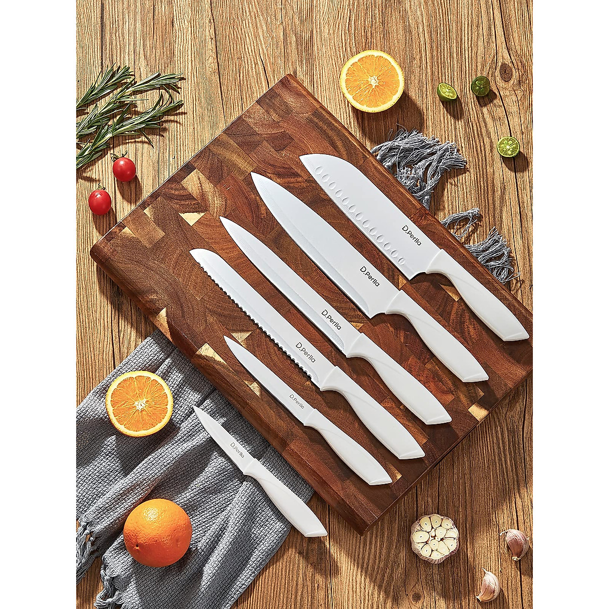 Knife Set, D.Perlla 16 Pieces White Kitchen Knife Set with Acrylic Stand, High Carbon Stainless Steel, Non Stick Coated Knife Block Set, No Rust, Non Slip Handle, Sharp Knife