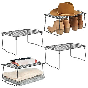 mDesign Modern Stackable Metal Closet, Cabinet, Countertop Organizer Storage Shelves for Bedrooms, Bathrooms, Entryways, Hallways - Durable Steel, Non-Skid Feet - 4 Pack - Graphite Gray