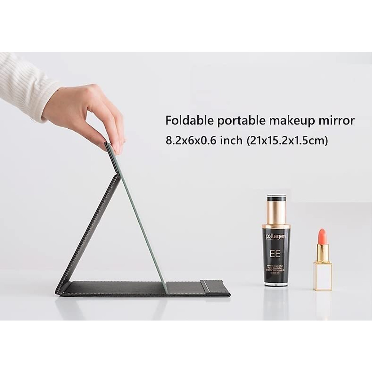 NAYSAYE Folding Travel Makeup Mirror, PU Portable Compact Vanity Desk Mirror with Stand, Large (8.5L x 6W)
