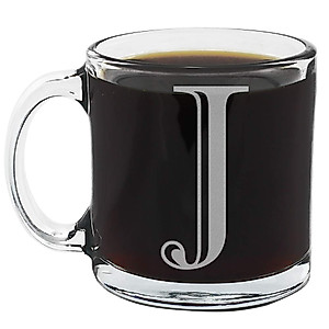 Spotted Dog Company Etched Monogram 12oz Clear Glass Coffee Mug (Letter J), A-Z Customized Coffee Gifts for Coffee Lovers, Custom Engraved Gifts for Women Her, Personalized Gift for Men, Initial