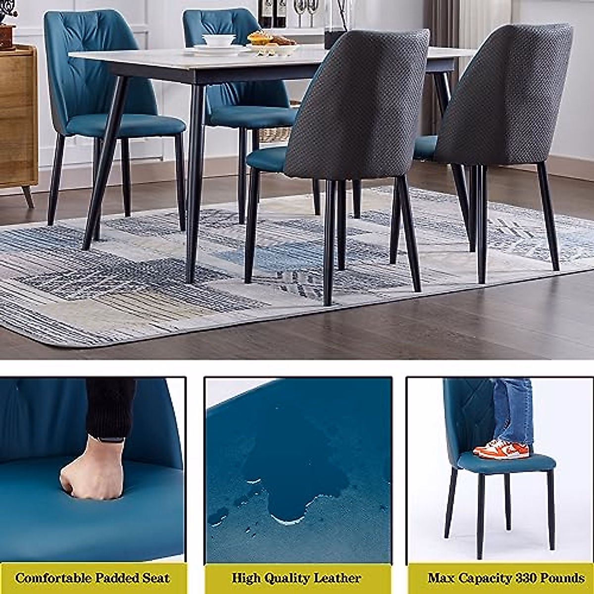 Luoyisimall Kitchen Chair Set of 4，Pu Leather Upholstered Cushion Seat Dining Chairs with Black Sturdy Metal Legs Modern Armless Living Room Accent Desk Side Chairs (Set of 4-Navy Blue)