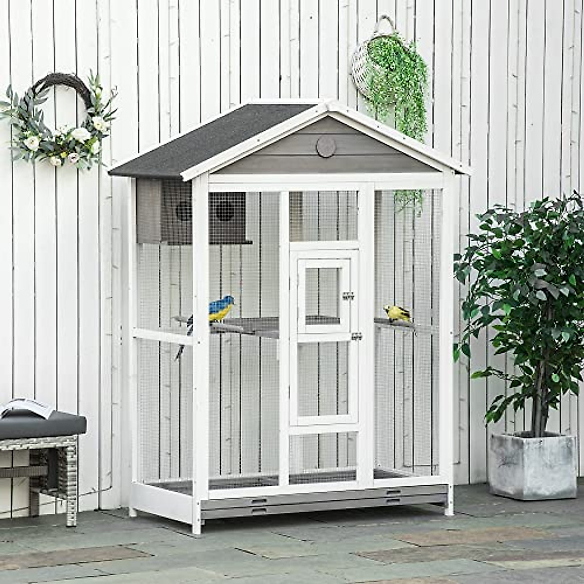 PawHut 64.5" Wooden Bird Cage Aviary, Flight Cage with 4 Perches, Nest and Slide-Out Tray for Indoor/Outdoor, Gray