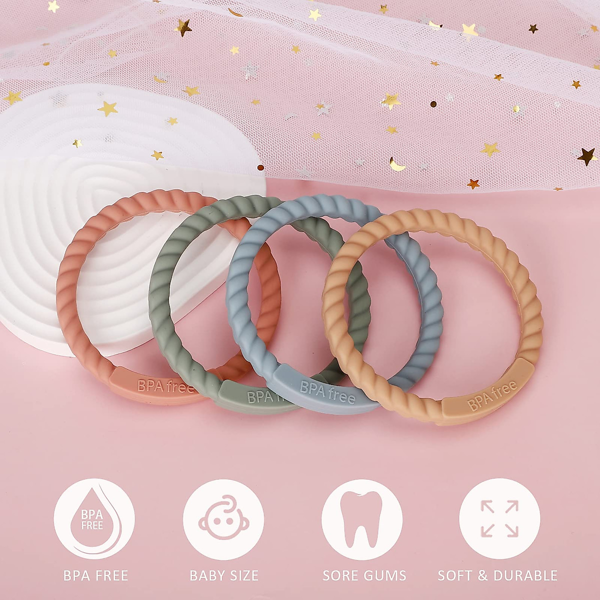 Socub Silicone Baby Teether Toy, 4 Pack BPA Free Soft Silicone Teether Bracelets for 3+Month babies, Wearable as Bracelets, Baby Chew Toy (Sage/Ether/Muted/Apricot)