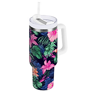 YKZEYK Tropical Floral Hibiscus 40 OZ Tumbler with Handle And Straw Insulated Tumblers Coffee Mug Travel Cup Cups with Lids And Straws Coffee Tumbler