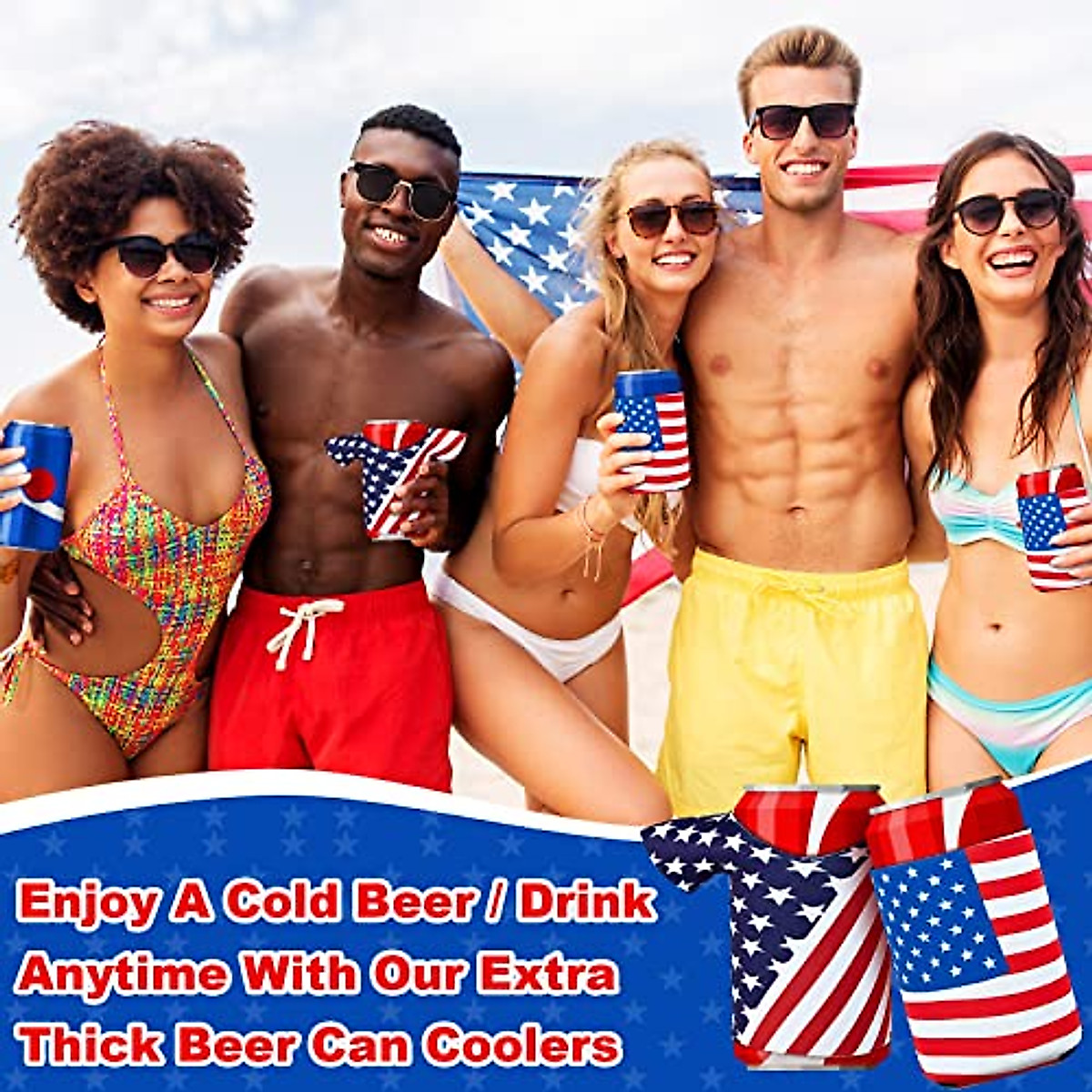Frienda 12 Pieces America Beer Can Cooler Sleeves Can Cooler Sleeves for 4th of July USA Flag Patriotic Neoprene Coolers Insulated for Party Supplies Favors for 12oz Canned Beverages Bottle Drink