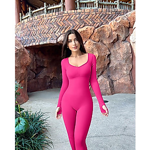 OQQ Women‘s Yoga Jumpsuits Workout Ribbed Long Sleeve Tops Padded Sports Bra Exercise Jumpsuits Rose3