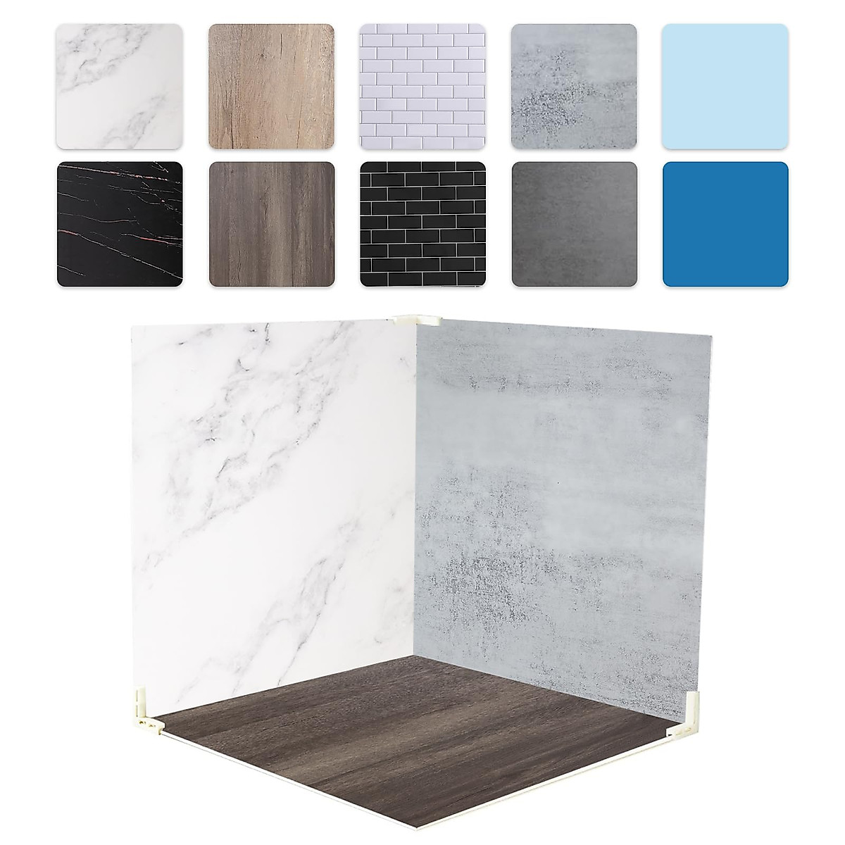 EOAJAFOU 5PCS Double Sided 10 Patterns Photography Backdrop Boards, 16x16 Inch Waterproof Background Surface with 4 Brackets, Cement Marble Wood Brick Texture Backdrop for Food Jewelry Shooting