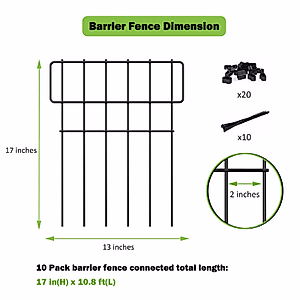 10 Pack Animal Barrier Fence, 17 Inch(H) X 10.8 Ft(L) No Dig Garden Decorative Fencing for Dog, Rabbits, Rustproof Metal Wire Panel Border for Ground Stakes, Outdoor Yard Landscape Patio