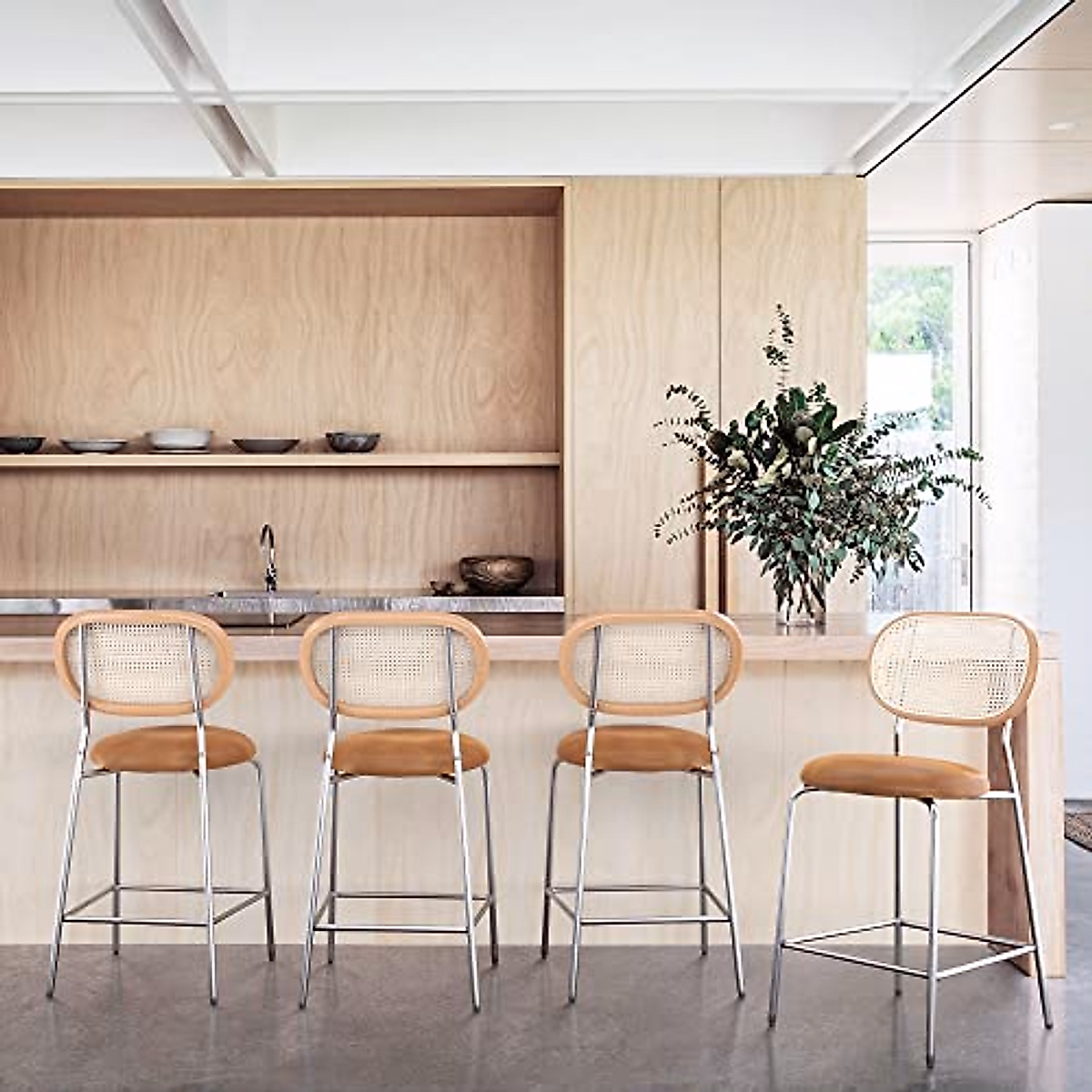 Indoor/Outdoor Faux Leather Bar Stools Set of 2,Rattan and Wood Backrest with Metal Legs, Modern Upholstered Round seat Chair Counter Height Barstool for Bistro Home Restaurant,24",Whiskey Brown