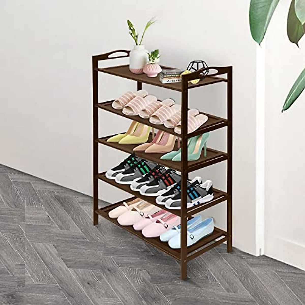DNYSYSJ Bamboo Shoe Rack Organizer 5-Tier Shoe Shelf Storage Freestanding Shoes Shelf Stand for Entryway Hallway Closet (Brown)