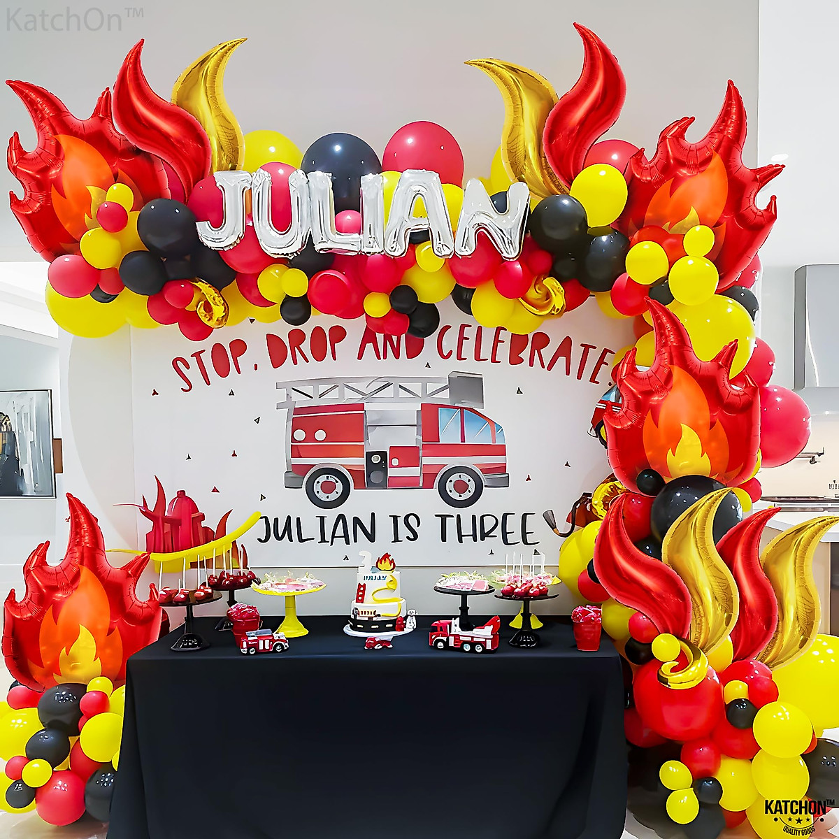 KatchOn, Big Fire Balloons Set - 28 Inch, Pack of 12 | Red and Gold Flame Balloons for Firetruck Birthday Decorations | Flame Decorations for Firefighter Birthday Party Decorations | Fire Decorations