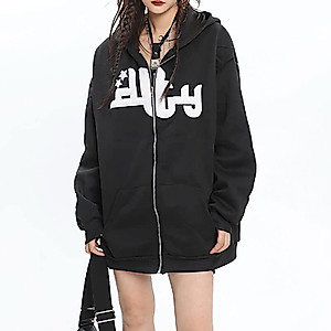 GAI Y2K Full Zip Up Hoodie Women Men Skeleton Skull Gothic Grunge Oversized Aesthetic Sweatshirts Emo Alt Jacket Clothes (L,2-Black)