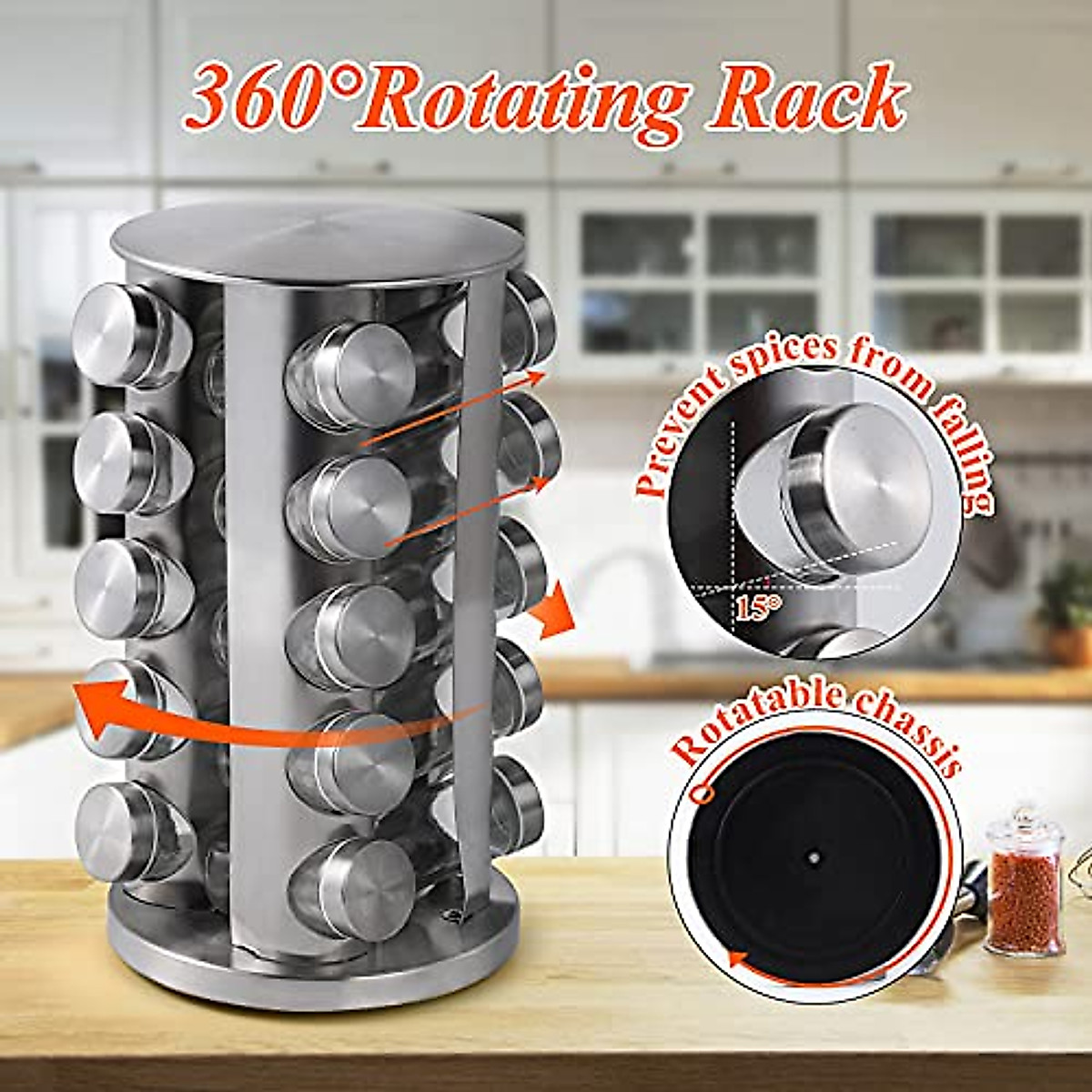 Revolving Spice Rack with 20 Jars, Rotating Spice Rack Organizer, Seasoning Organizer with Labels, Stainless Steel Spice Carousel for Kitchen Countertop, Cabinet
