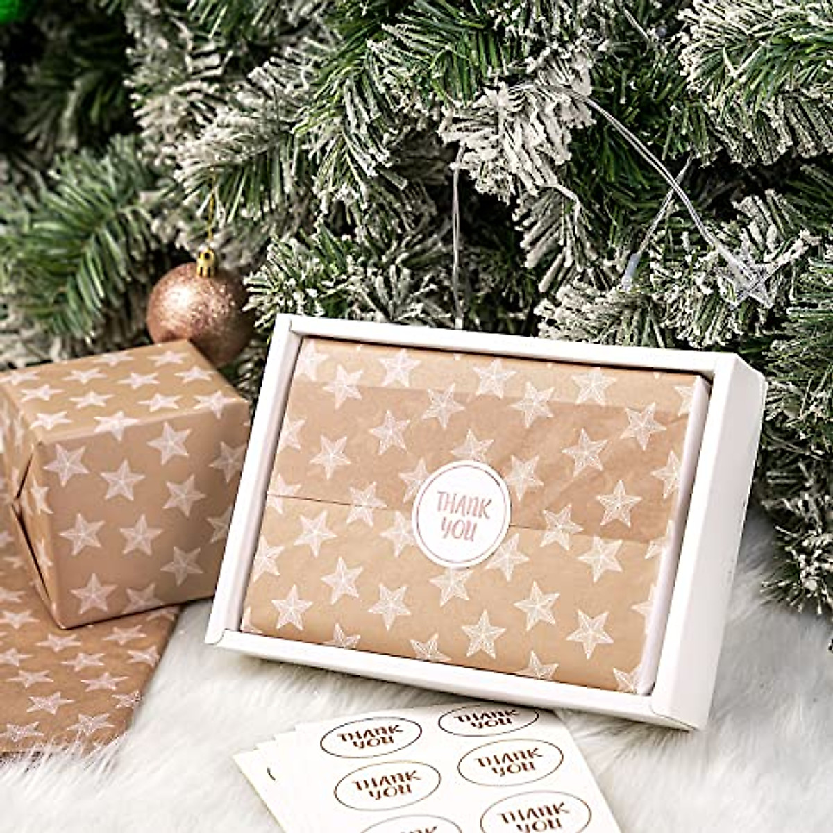 LeZakaa 60 Sheets Tissue Paper Bulk & 30 Pcs "Thank You" Sticker - Rose Gold Color with Star Pattern for Christmas, Birthday, Holiday (13.8 inch x 19.7 inch)