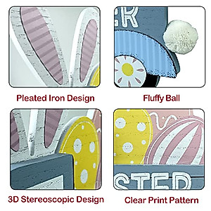 Eternhome Easter Decor Truck Eggs Bunny Block Happy Easter Wooden Table Decorations Farmhouse Rustic Cute Rabbit Ears Sign for Home Room, Tiered Tray, Fireplace, Shelf