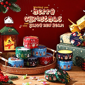 Mumufy 24 Pcs Christmas Cookie Tins 8 Styles Candy Tinplate Retro Tins Candle Tin Storage Containers Metal Cookie Jars Round Nesting Containers for DIY Candles, Dry Storage, Spices, Tea, Candy
