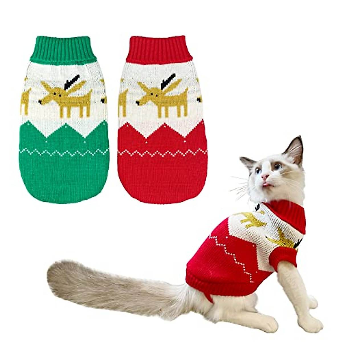 CooShou 2Pcs Cat Christmas Sweater Dog Christmas Sweater Cat Dog Knitwear Sweater Xmas Clothes Elk Christmas Red Green Sweaters for Cat Puppy Dog M