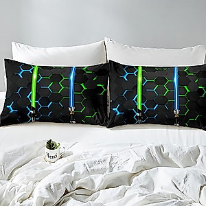 Geometric Honeycomb Hexagon Bed Sheets Twin Size Neon Blue Green Lightsaber Bedding Set 3Pcs Kids Boys Men Gamer Room Decor Fashion Black Sheet Set Cool 3D Games Fitted + Flat Sheet,1 Pillowcase