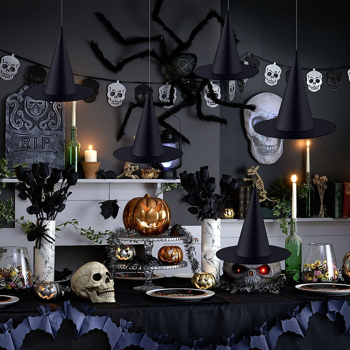 Halatool 10 Pieces Halloween Witch Hats, Floating Black Hanging Witch Hats Outdoor, Halloween Party Favors Witch Hat with 98 Feet Hanging Rope for Halloween Costume Accessories Party Decoration