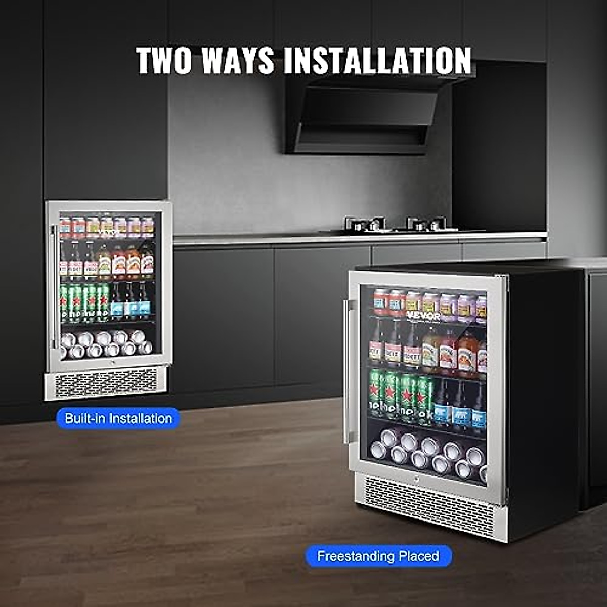 VEVOR Cooler 154 Cans Capacity Refrigerator Under Counter Built-in or Freestanding Beverage Fridge with Blue LED Light, Tempered Glass Door, Child Lock for Drink Soda Wine, Silver
