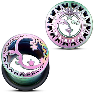 REELMAR 2Pcs Gauges for Ears Women Hollow Sun Moon Asymmetrical Plugs Single Flared Saddle Stretching Tunnels Expanders Stainless Steel Body Piercing Earrings 0G 00G to 1 Inch (10mm (00G), Rainbow)