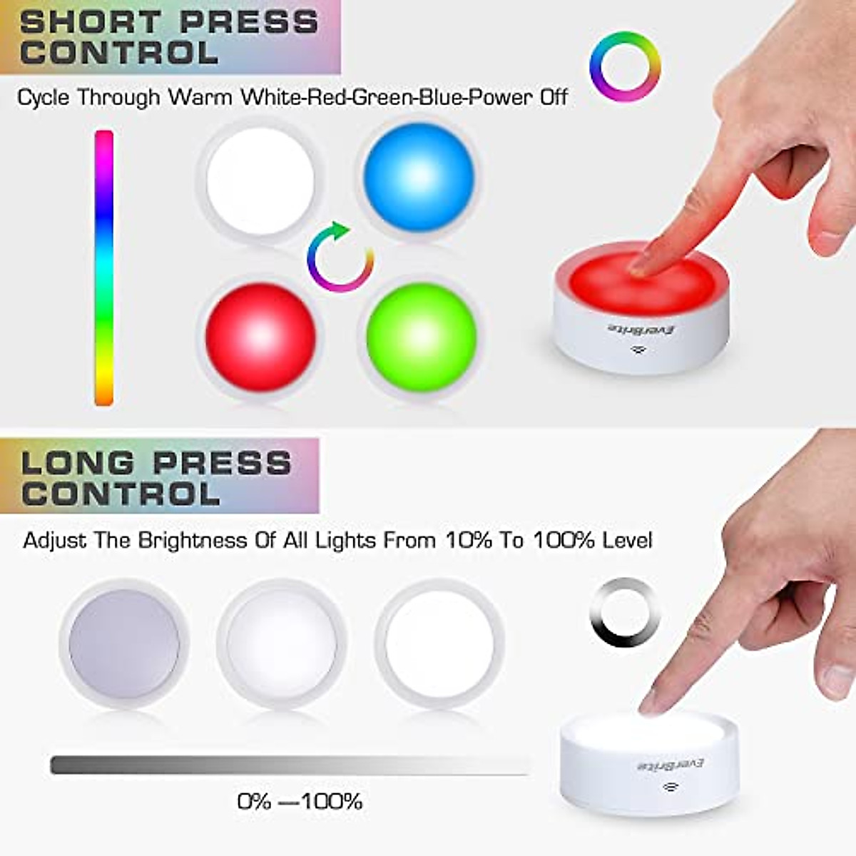 EverBrite Puck Lights with Remote, Wireless LED Puck Lights Battery Operated, 13 RGB Colors Changing Under Cabinet Lights, Dimmable Closet Lights with Timer, Battery Included (6-Pack)