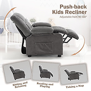 BOSMILLER Kids Recliner Chair， Push Back Toddler Recliner with Cup Holders & Side Pockets， Adjustable Footrest & Headrest Kids Sofa for Boys Girls 3+ Age Group (Deep Grey)
