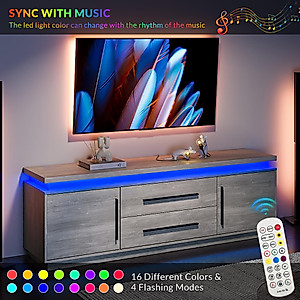 BELLEZE 67" TV Stand for TV up to 75", Modern Entertainment Center with LED Lights Change to Melody of Music, Media Console Table with Cabinets and Drawers for Living Room, Bedroom - Studio (Grey)