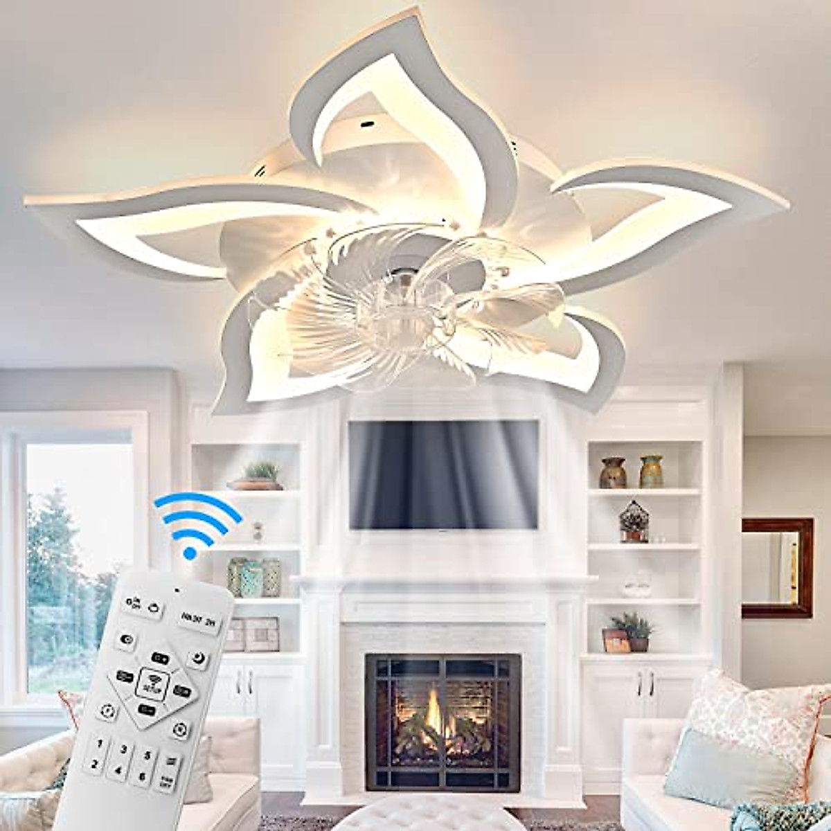 Jesskit 26.8" Ceiling Fan with Lights, Chandelier Ceiling Fans with 3 Color Dimmable and 6 Speeds Remote Control, Modern Indoor Flush Mount Ceiling Fans with Lights for Living Room Bedroom Dining Room