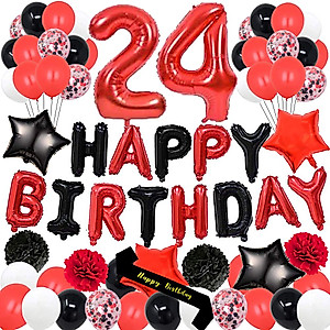 yujiaonly 24th Birthday Party Decorations-Happy Birthday Foil Ballons Banner Red Number 24 Happy Birthday Sash Latex Balloons Perfect for 24 Years Old Party Supplies Balloons Number 24 Red