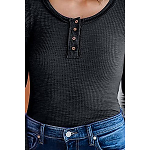 Kissfix Long Sleeve Shirts for Women 2023 Fall Fashion Clothes Sweaters Outfits Button Down Juniors Henley Tops Ribbed Knit Blouses Trendy Tshirts Black Grey