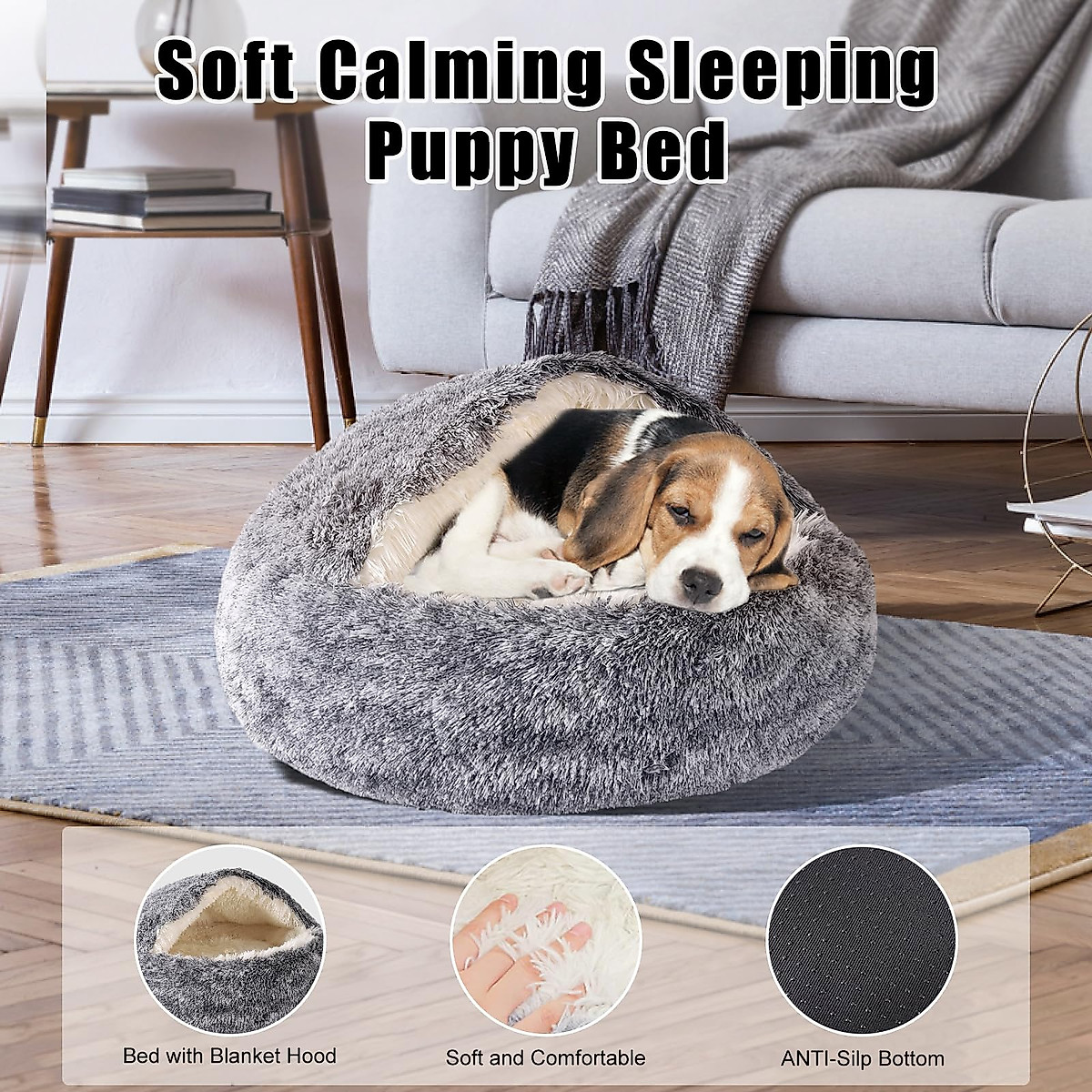 Calming Dog Beds & Cat Cave Bed with Hooded Cover,Washable Round Beds for Small Medium Pets,Anti-Slip Faux Fur Fluffy Coved Bed,Comfortable Warming Pet Bed (20 * 20inch,Grey)