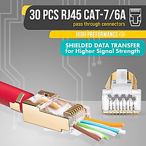 Everest Media Solutions RJ45 Cat7 & Cat6A Pass Through Connectors - 30 Pcs, 50UM Gold Plated Shielded FTP/STP External Ground for 23 AWG Network Cable
