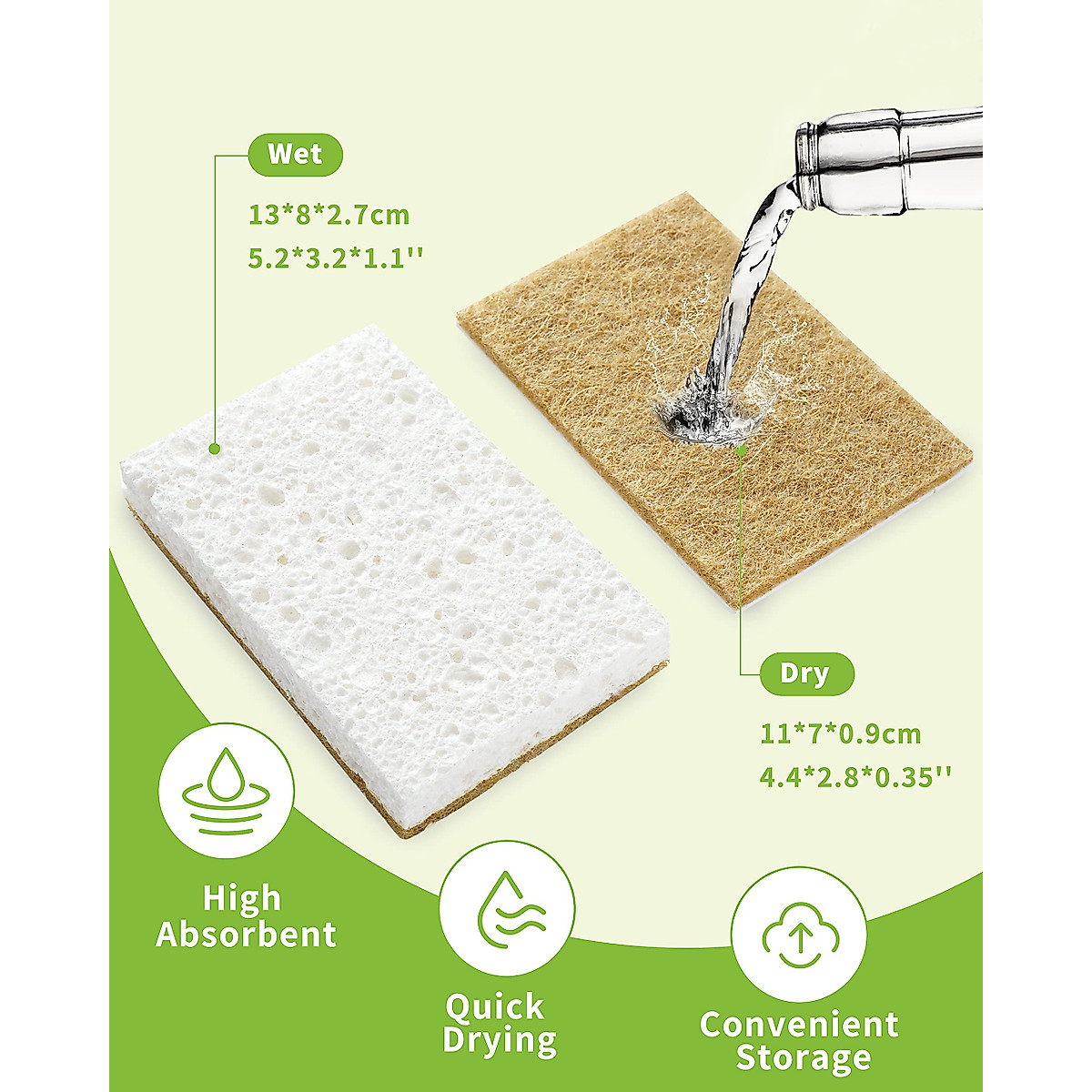 Biodegradable Natural Kitchen Sponge 12Pack, Compostable Cellulose and Coconut Walnut Scrubber Sponge