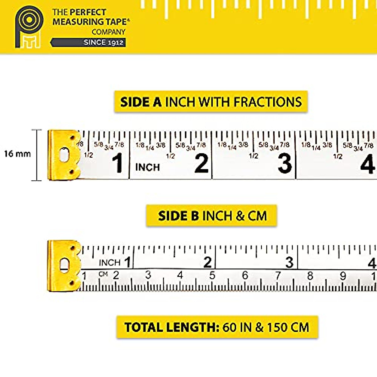 Perfect Measuring Tape All-Purpose 60 Inch Double Sided Fractional Inches and Millimeter/Centimeter Tape Measure TR-16-frac (60 inch White)