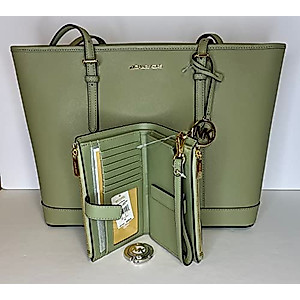 Michael Kors Jet Set Travel Large TZ Shoulder Tote bundled with Double Zip Wristlet and Purse Hook (Light Sage/MK)