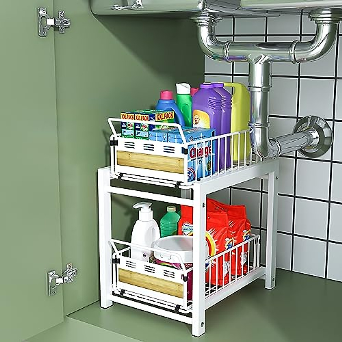 KOSIWU Under Sink Organizers and Storage, 2 Tier Kitchen Organizer and Storage with Sliding Drawer Pull Out Cabinet Organizer White Bathroom Countertop Organizer Undersink Organizer