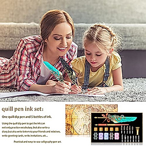 AIYNC Feather Calligraphy Pen Ink Set, Quill Pen and Ink Set Including Mechanical Feather Pen and Wooden Dip Pen, 5 Colors of Ink, 12 Replacement Nibs, Pen Holder, Envelope and Letter Paper (Green)