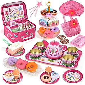 Toylink Kids Tea Party Set for Little Girls Princess Toys 47Pcs Tin Tea Set Food Dessert Playset Carring Box Kitchen Pretend Play Toy for 3 4 5 6 Years Toddler Girls Birthday Gift
