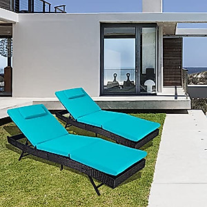 Omelaza Outdoor Chaise Lounge All-Weather Wicker Patio Lounge Chair, Adjustable Reclining Chair with Blue Cushion for Poolside, Garden, Backyard (2 Pieces)