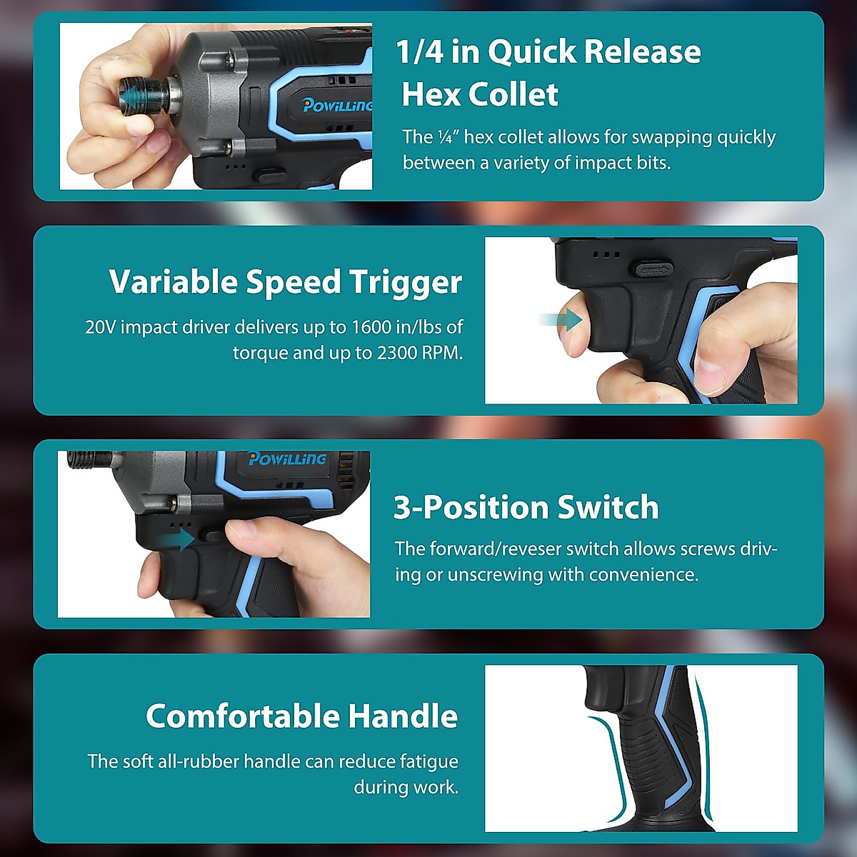 Powilling Impact Driver Kit - 20V Electric 1/4 Inch Hex Impact Drill/Driver Set，2 Variable Speed, with 6.0Ah Battery and Charger, 14Pcs Socket and Tool Case Includ