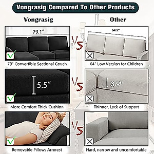 Vongrasig 79" Convertible Sectional Sofa Couch, 3 Seat L Shaped Sofa with Removable Pillows Linen Fabric Small Couch Mid Century for Living Room, Apartment and Office (Black)