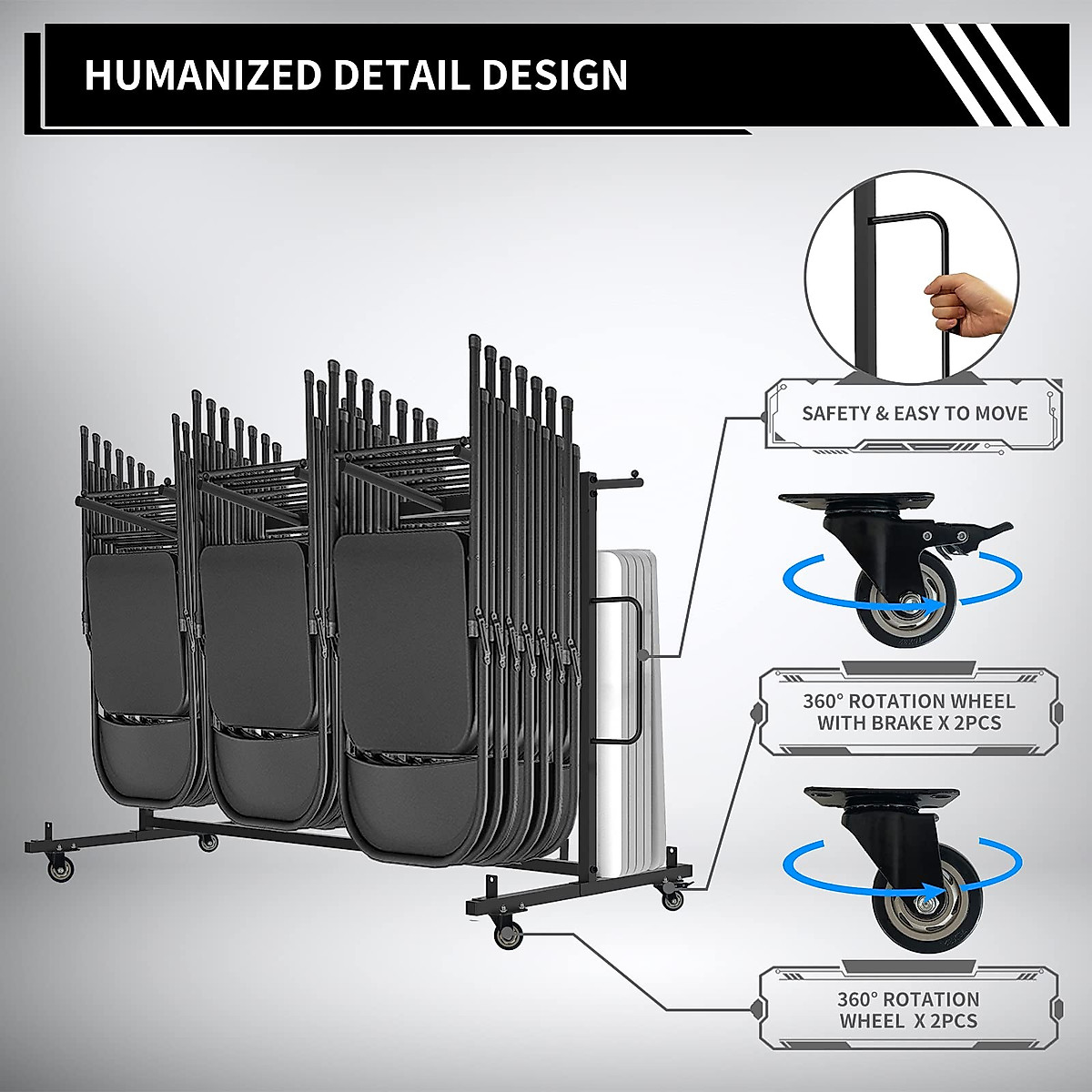 Folding Table and Chair Cart, Folding Chair and Table Storage Rack with 400LBS Capacity for 42 Folding Chairs Heavy Metal Folding Chair Dolly Holder Rack with Rubber Locking Wheels,Straps and Cover