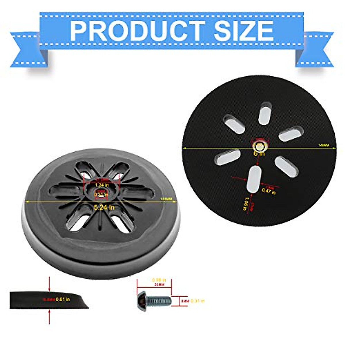 6" Replacement Sanding Pad Compatible with Bosch Orbital Sanders ROS65VC 1250DEVS 3727DVS 3727DEVS ，6 Hole Hook-&-Loop Sander Backing Pad，Replace RS6045 & RS6046