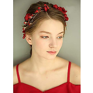 Chargances Wedding Bride Floral Red Headband Crystal Gold Hair Vine with Pearl Rhinestone Hair Accessory Boho Delicate Hair Piece Jewelry for Women and Girls